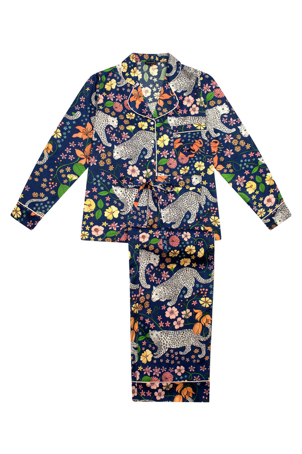 Alpine Leopards Navy Silk Pyjama Set - Karen Mabon Ltd